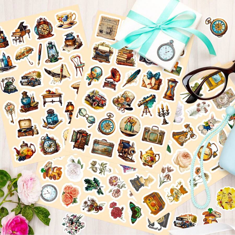 4 Sheets Vintage Stickers, 100 Mini Vintage Art Flowers Mashup Stickers ...