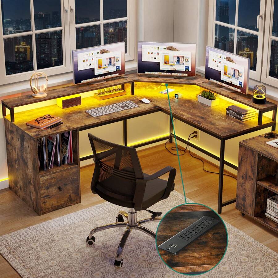 67 Inch L Shaped Desk With LED Lights And Power Outlets, Computer Desk ...