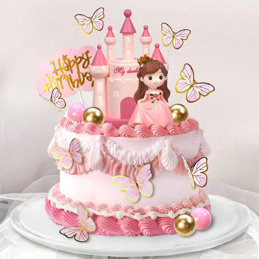 18pcs Princess Cake Topper Castle Cake Decoration Lovely Pink Princess ...