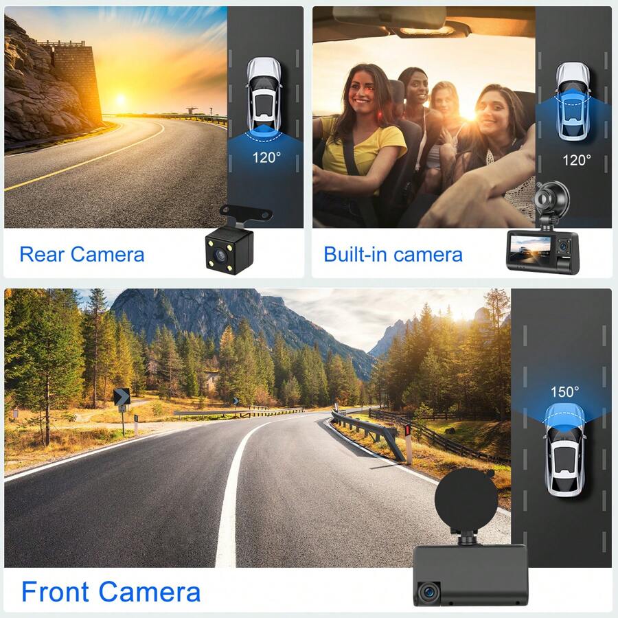 3-Inch 1080P Dash Cam In Car DVR Camera Video Recorder Rear View 3 Lens ...