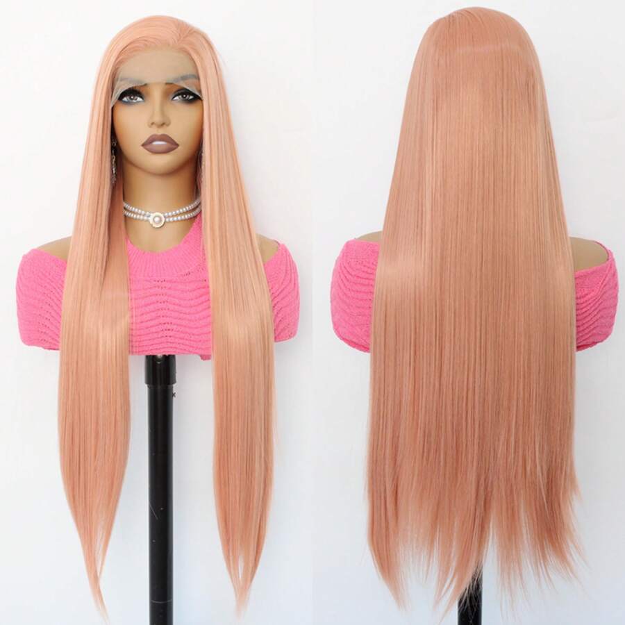 Rose Pink Long Straight Synthetic Wigs 24Inch Glueless Lace Front Wigs ...