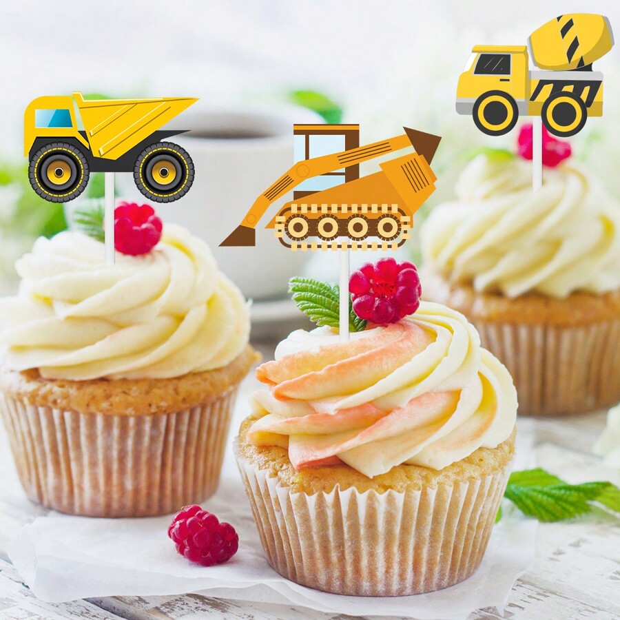 24PCS Construction Cupcake Toppers Dump Truck Excavator Tractor Cake ...