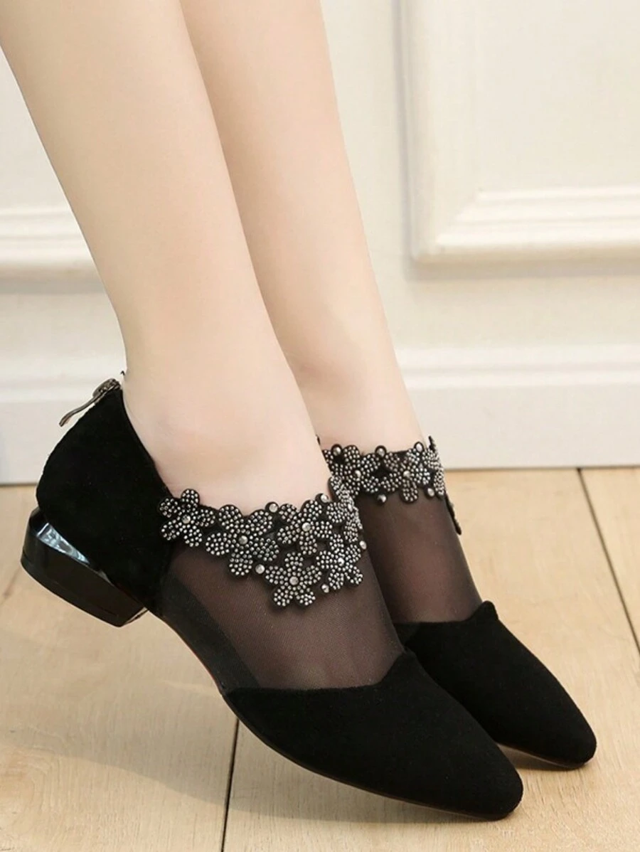 Women's Pointed Toe Square Heel Rhinestone Mesh Elegant Shoes | SHEIN USA