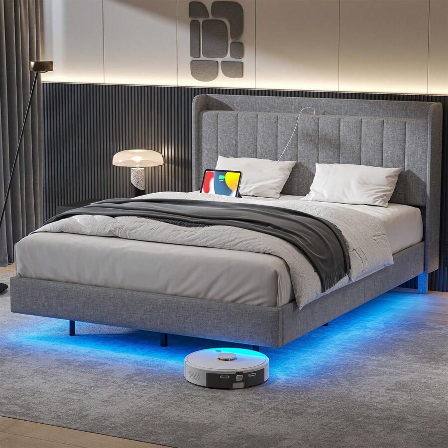 Bed Frame With Linen Cloth With USB Circular Plug And RGB LED Light ...