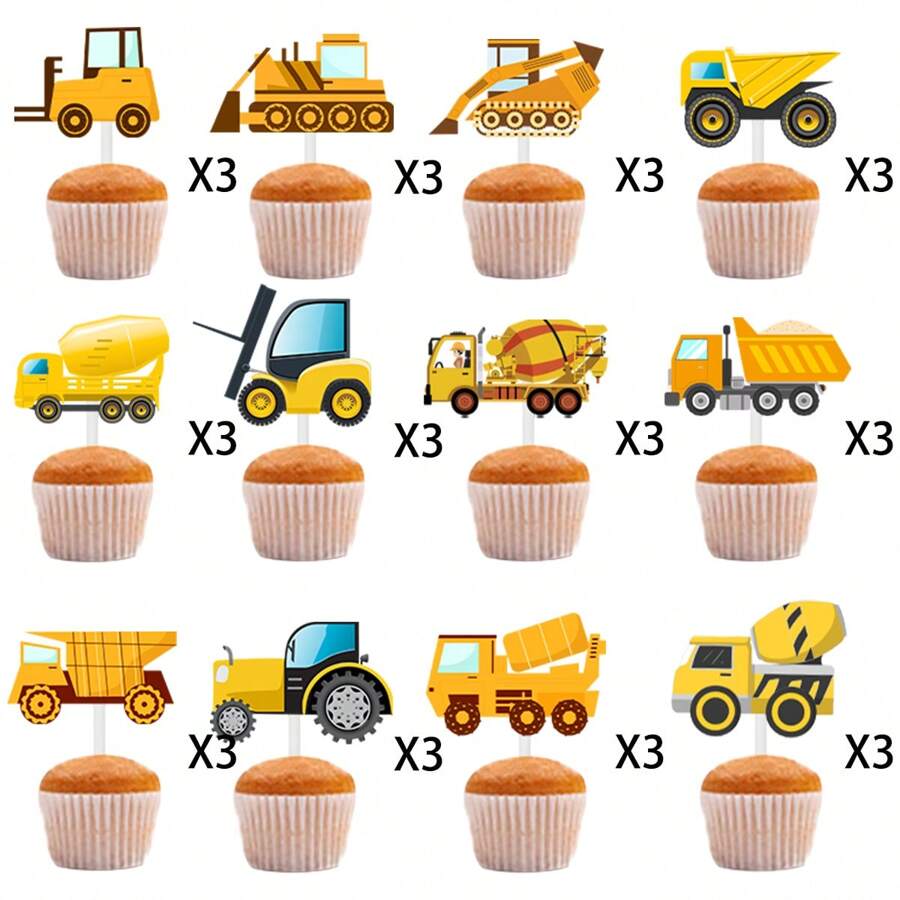 36PCS Construction Cupcake Toppers Dump Truck Excavator Tractor Cake ...