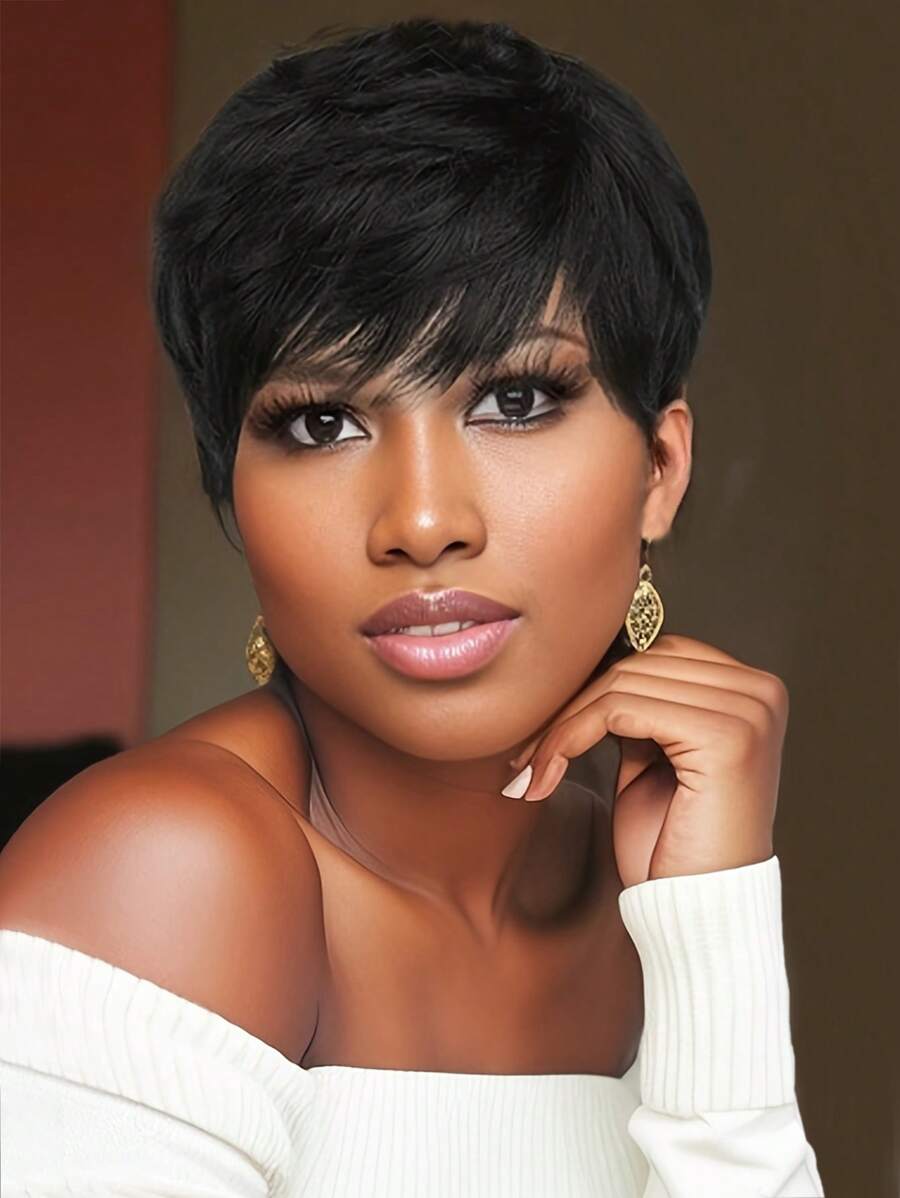 Synthetic Hair Pixie Cut With Bangs Natural Black Color For Women Non ...