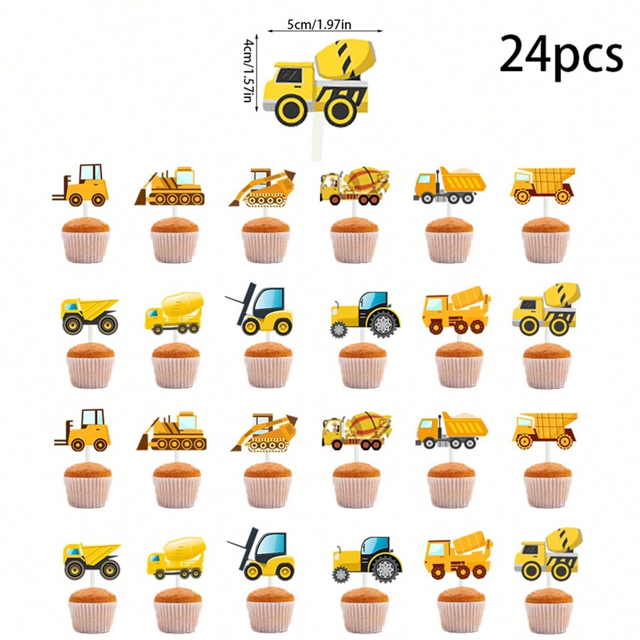 24PCS Construction Cupcake Toppers Dump Truck Excavator Tractor Cake ...