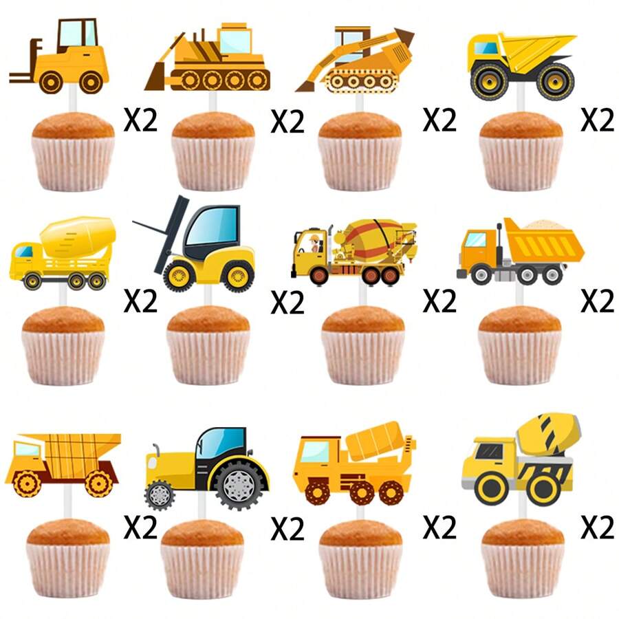 24PCS Construction Cupcake Toppers Dump Truck Excavator Tractor Cake ...