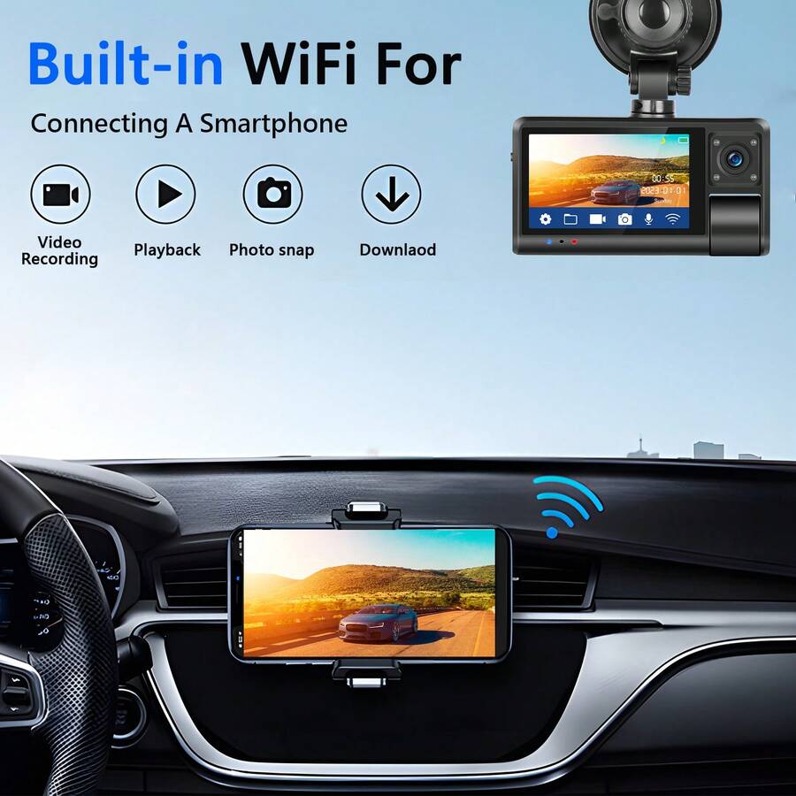 3-Inch 1080P Dash Cam In Car DVR Camera Video Recorder Rear View 3 Lens ...