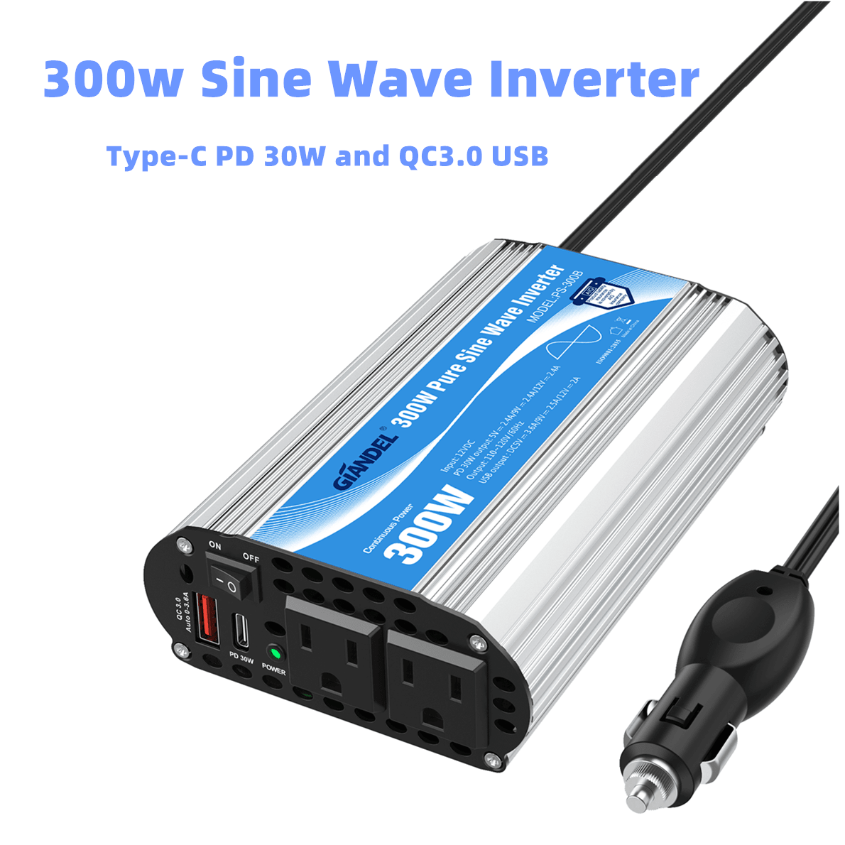 GIANDEL 300Watt Pure Sine Wave Car Power Inverter 12V DC To 120V AC ...