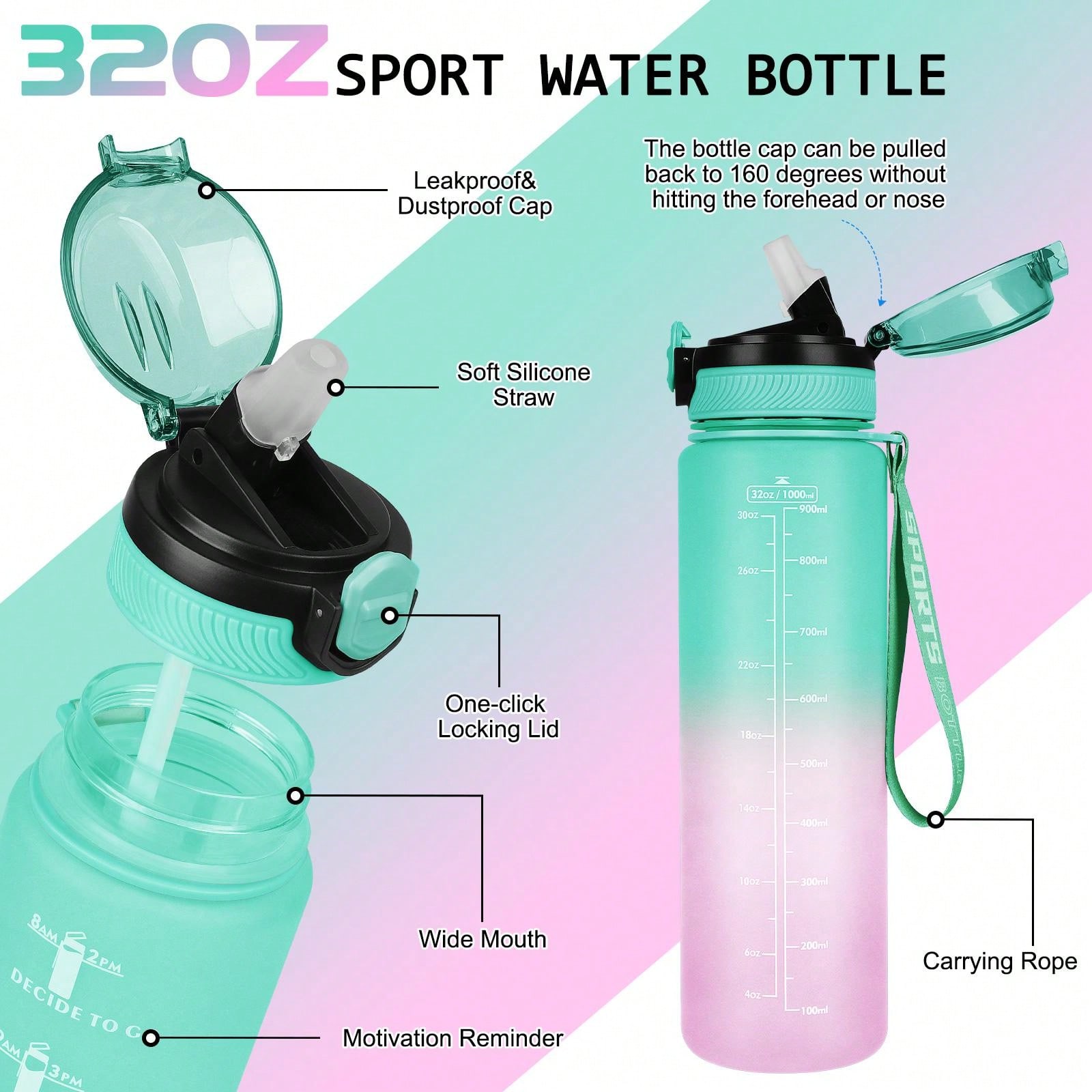 AOHAN 1pc Water Bottles 1L Sport Drinking Bottle With Straw, Dishwasher Safe Lock Cover ...