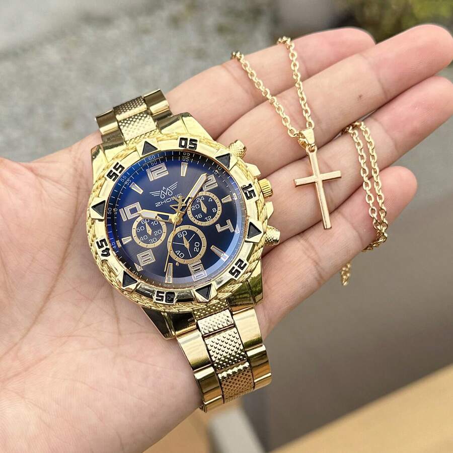 [FREE BOX] Men's Watch Set + Necklace With Cross Fashion Casual ...