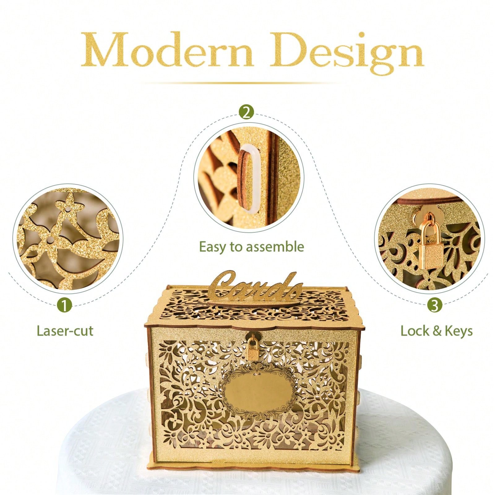 1 GOLD WOODEN WINDOW WEDDING LOCKED CARD BOX GIFT ENVELOPE MONEY BOX ...