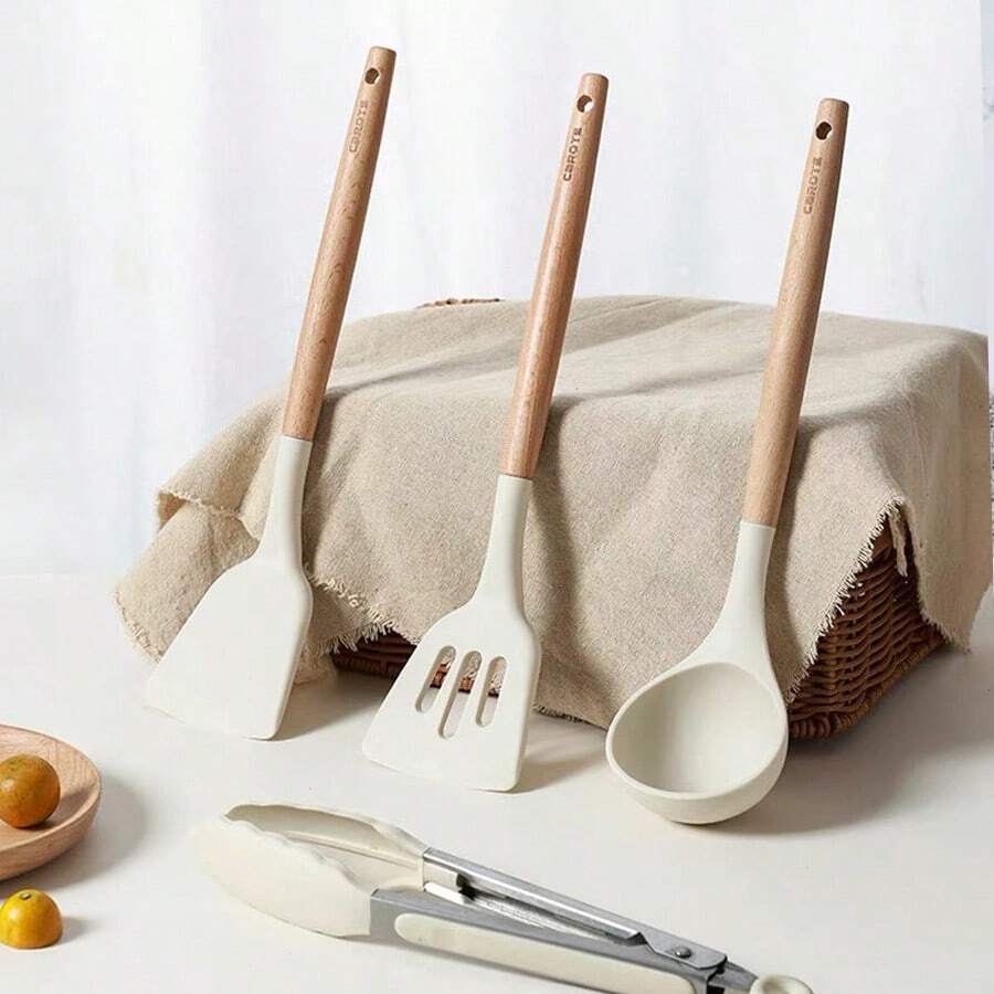 6pcs/Set Heat Resistant Silicone Kitchen Utensils With White Soup Spoon ...