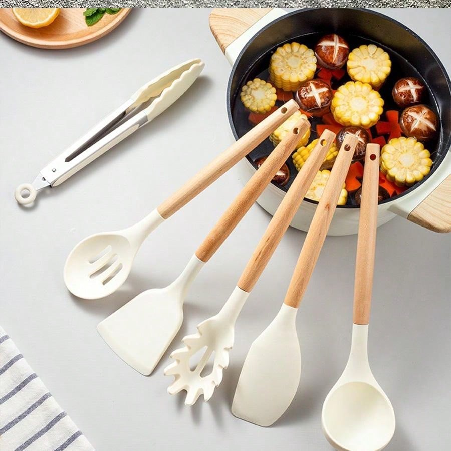 6pcs/Set Heat Resistant Silicone Kitchen Utensils With White Soup Spoon ...