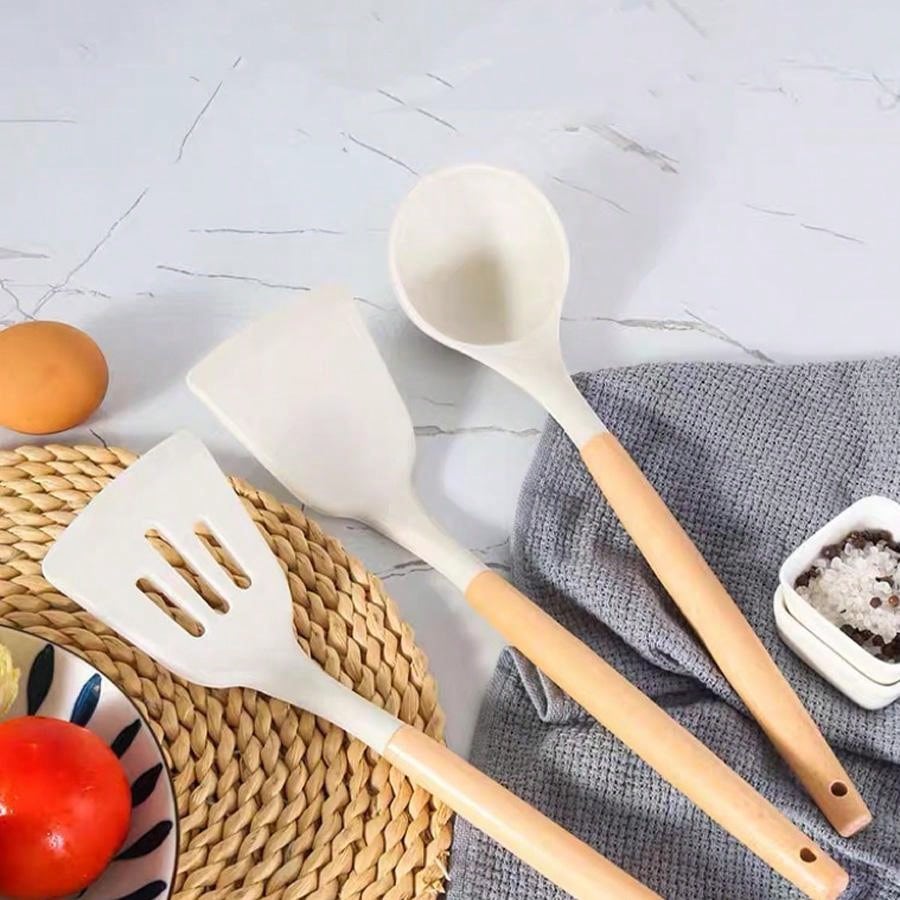 6pcs/Set Heat Resistant Silicone Kitchen Utensils With White Soup Spoon ...