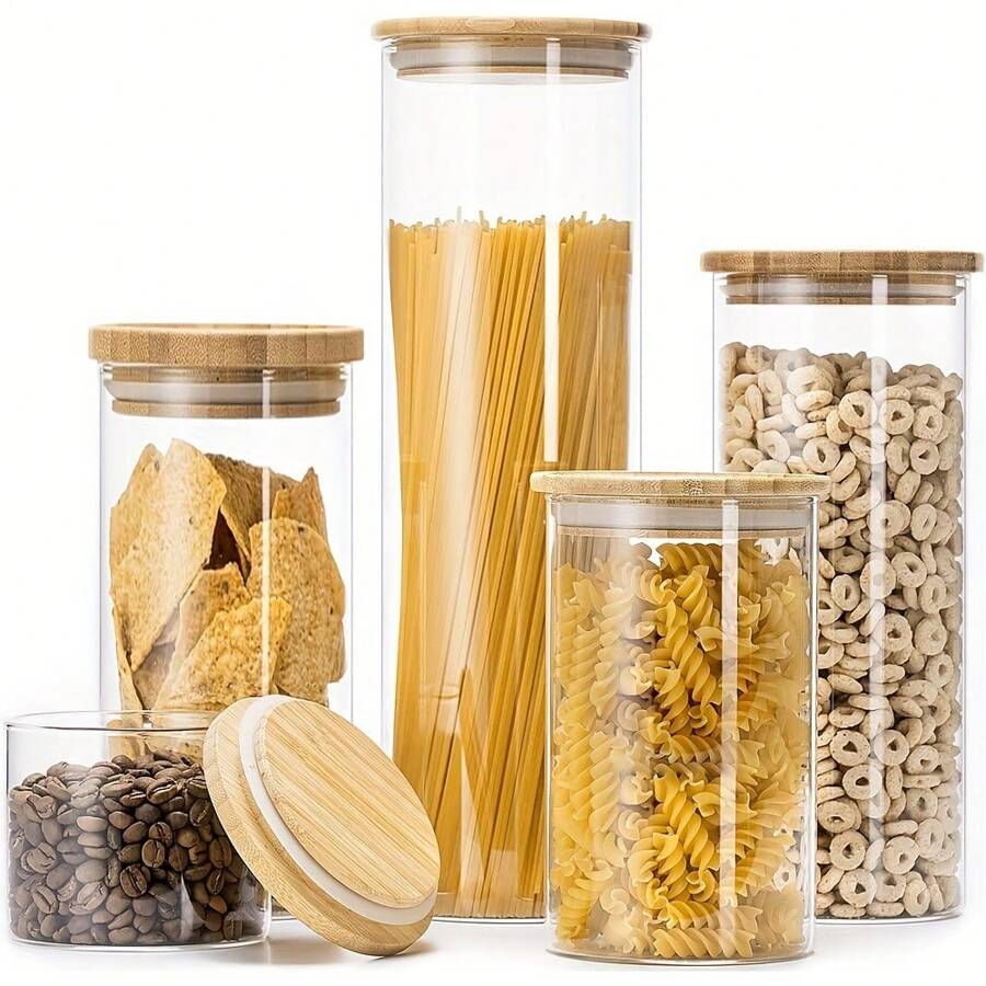 Stackable Kitchen Jar Set, 5 Piece Clear Glass Food Storage Jars With ...