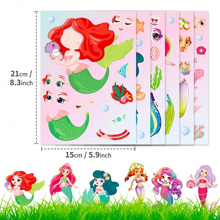 1pack 6pcs Mermaid Face Swap Stickers, Mermaid Princess Themed Cartoon ...