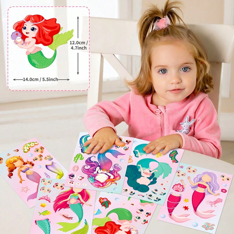 1pack 6pcs Mermaid Face Swap Stickers, Mermaid Princess Themed Cartoon ...