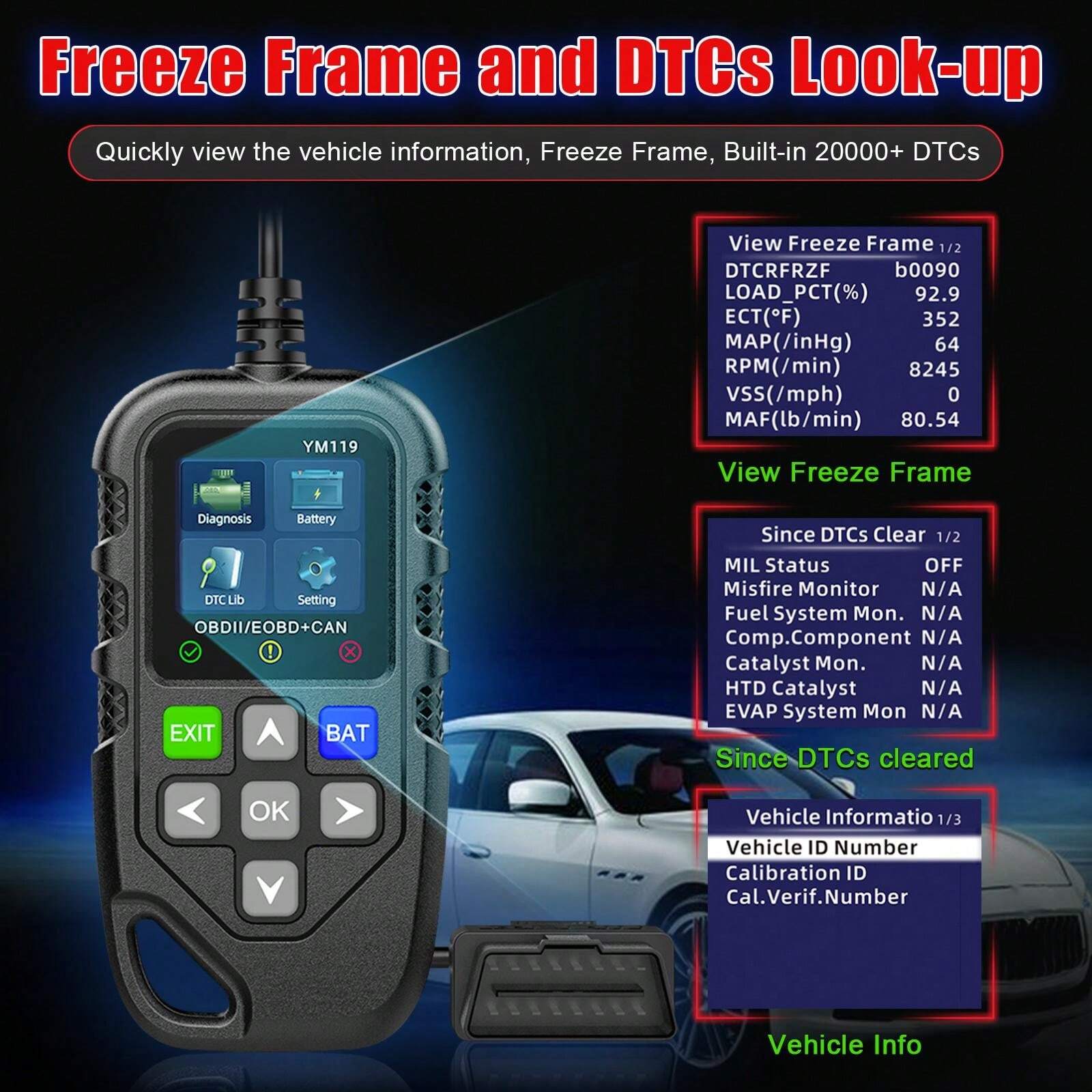 OBD2 Reader Tool, OBDII EOBD Car Code Scanner Check Engine Light Fault ...