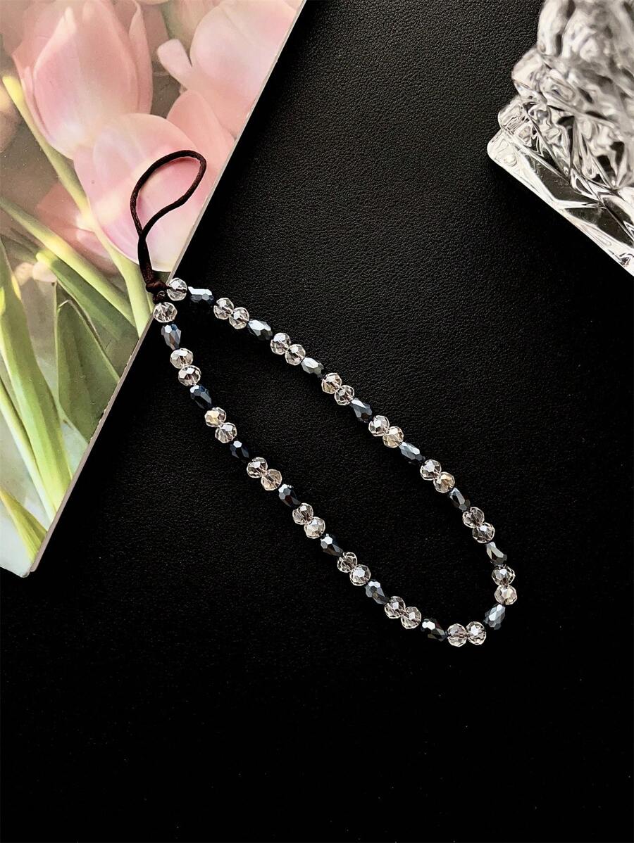 Rainbow Coated Crystal Beaded Cell Phone Strap, Light Black | SHEIN UK