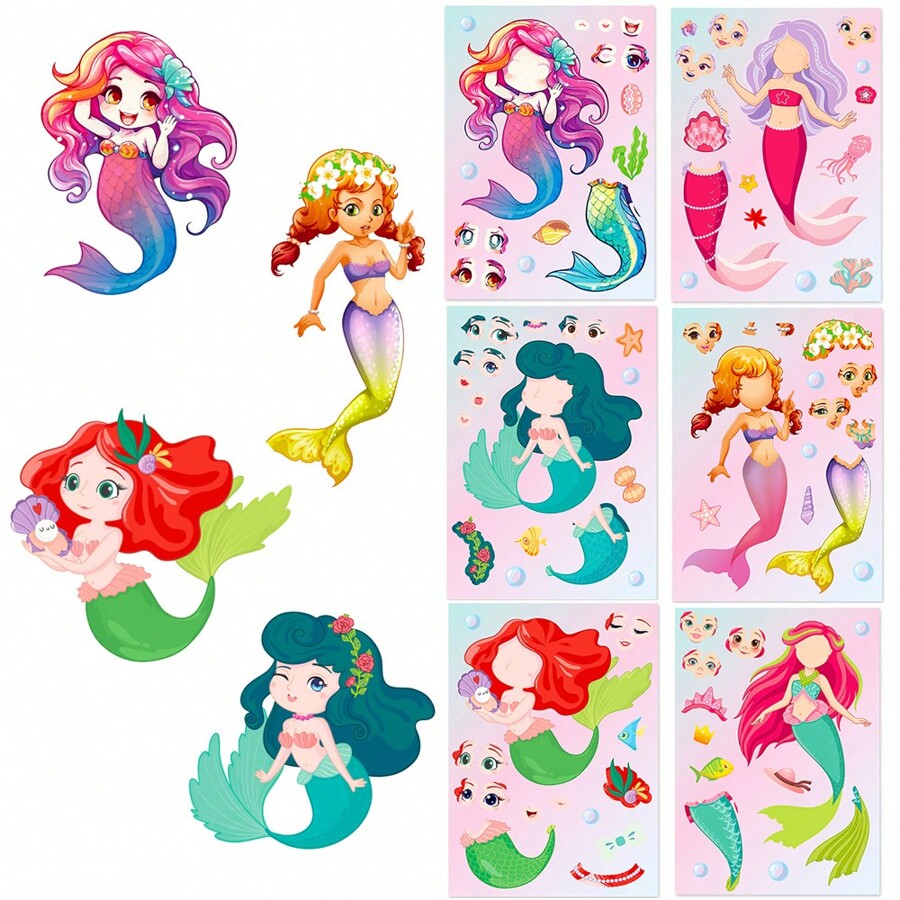 1pack 6pcs Mermaid Face Swap Stickers, Mermaid Princess Themed Cartoon ...