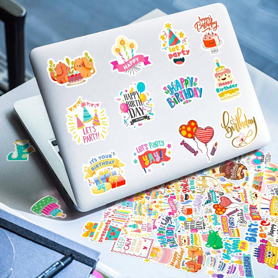 100pcs Birthday Stickers Pack, Cute Birthday Cake Vinyl Waterproof ...