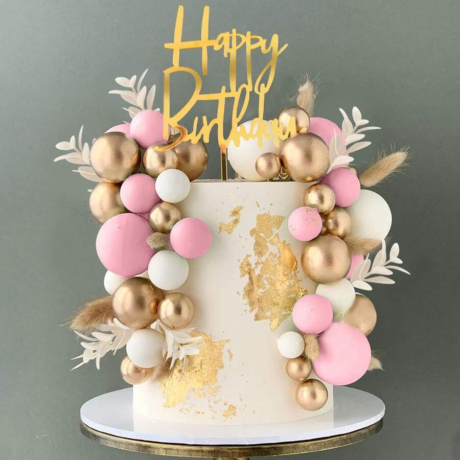 50 Pcs Pink Balls Cake Topper Boho Grass Cake Topper Pink White Gold ...