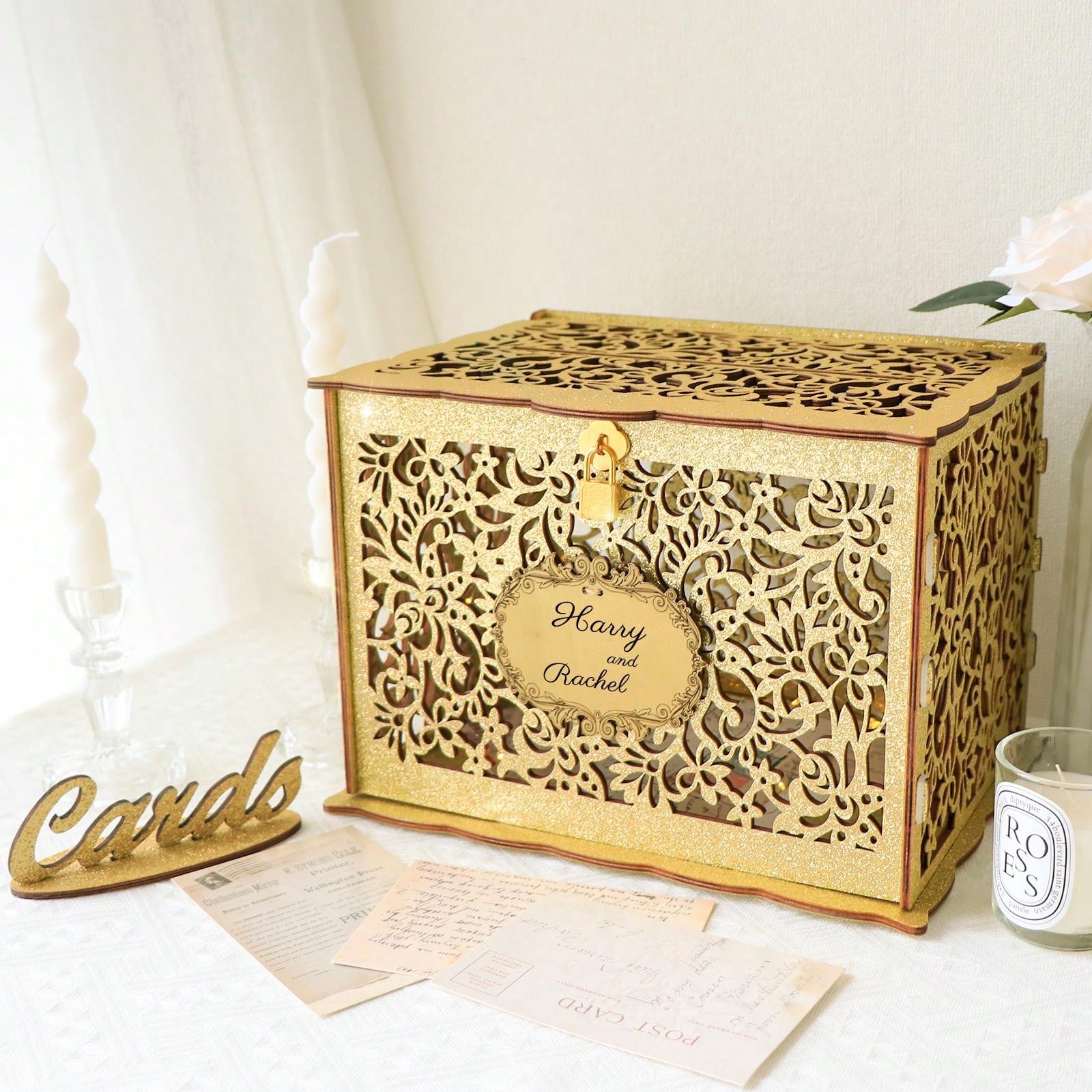 1 GOLD WOODEN WINDOW WEDDING LOCKED CARD BOX GIFT ENVELOPE MONEY BOX ...