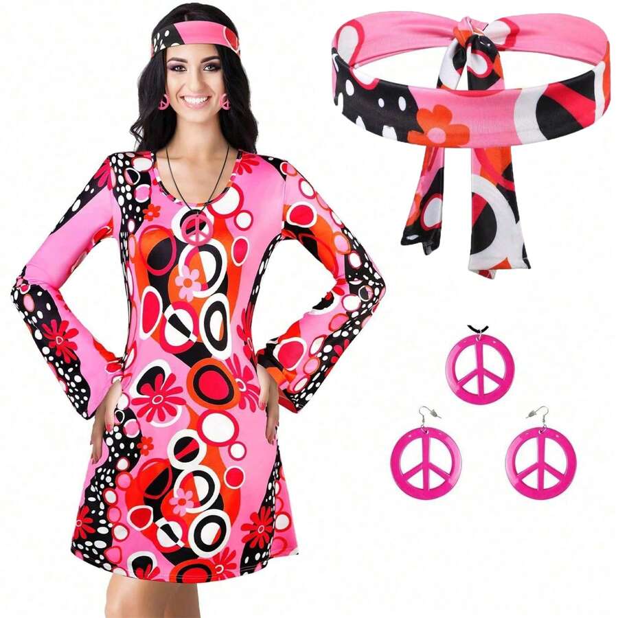 5pcs Women Hippie Costume Party Disco 70's Dance Costume Set Peace Sign Earring Necklace ...