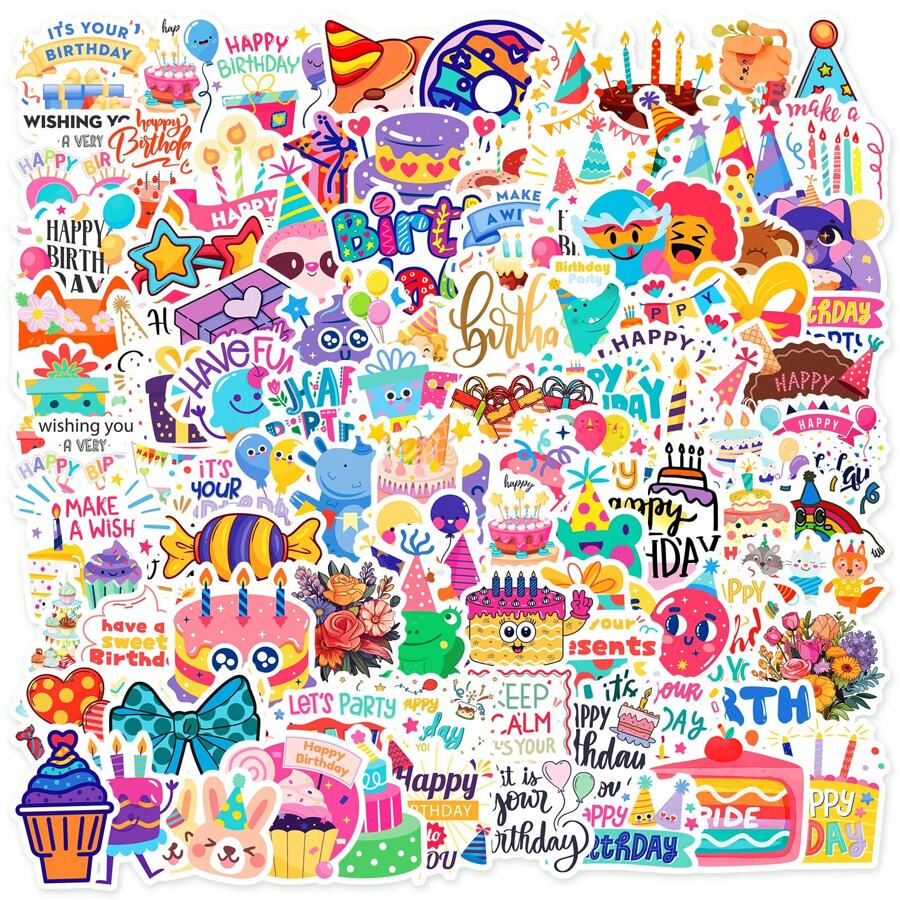 100pcs Birthday Stickers Pack, Cute Birthday Cake Vinyl Waterproof ...