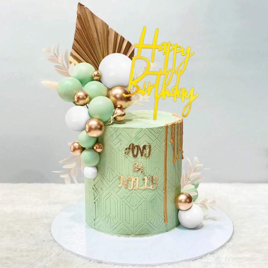 50Pcs Green Balls Cake Topper Boho Grass Cake Topper Green White Gold ...