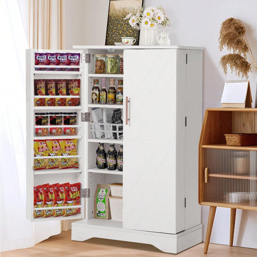 Kitchen Pantry Cabinet, Double Door Food Storage Cabinet With 5 Shelves ...