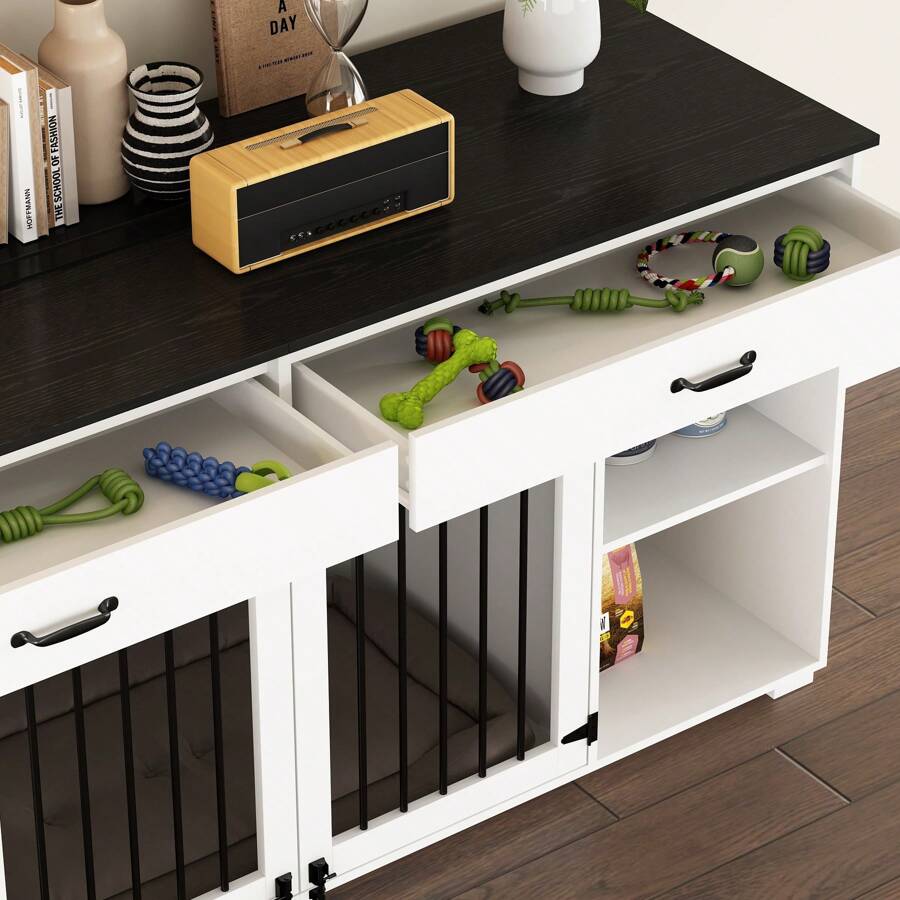 Large Dog Crate Furniture With Storage, 72.4" Wooden Dog Crate Kennel ...