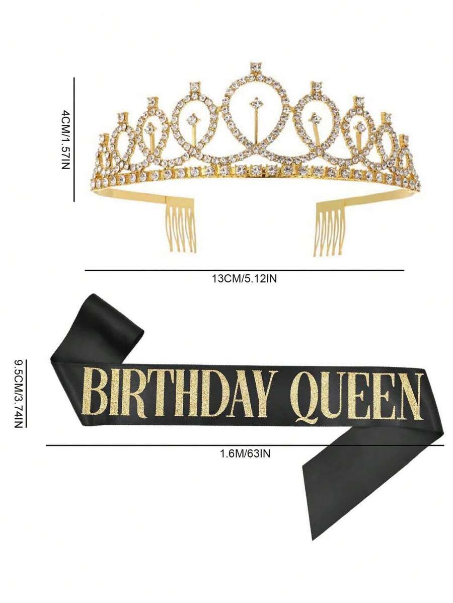 2pcs Rhinestone Decor Crown & Sash Set, Modern Birthday Party Crown ...