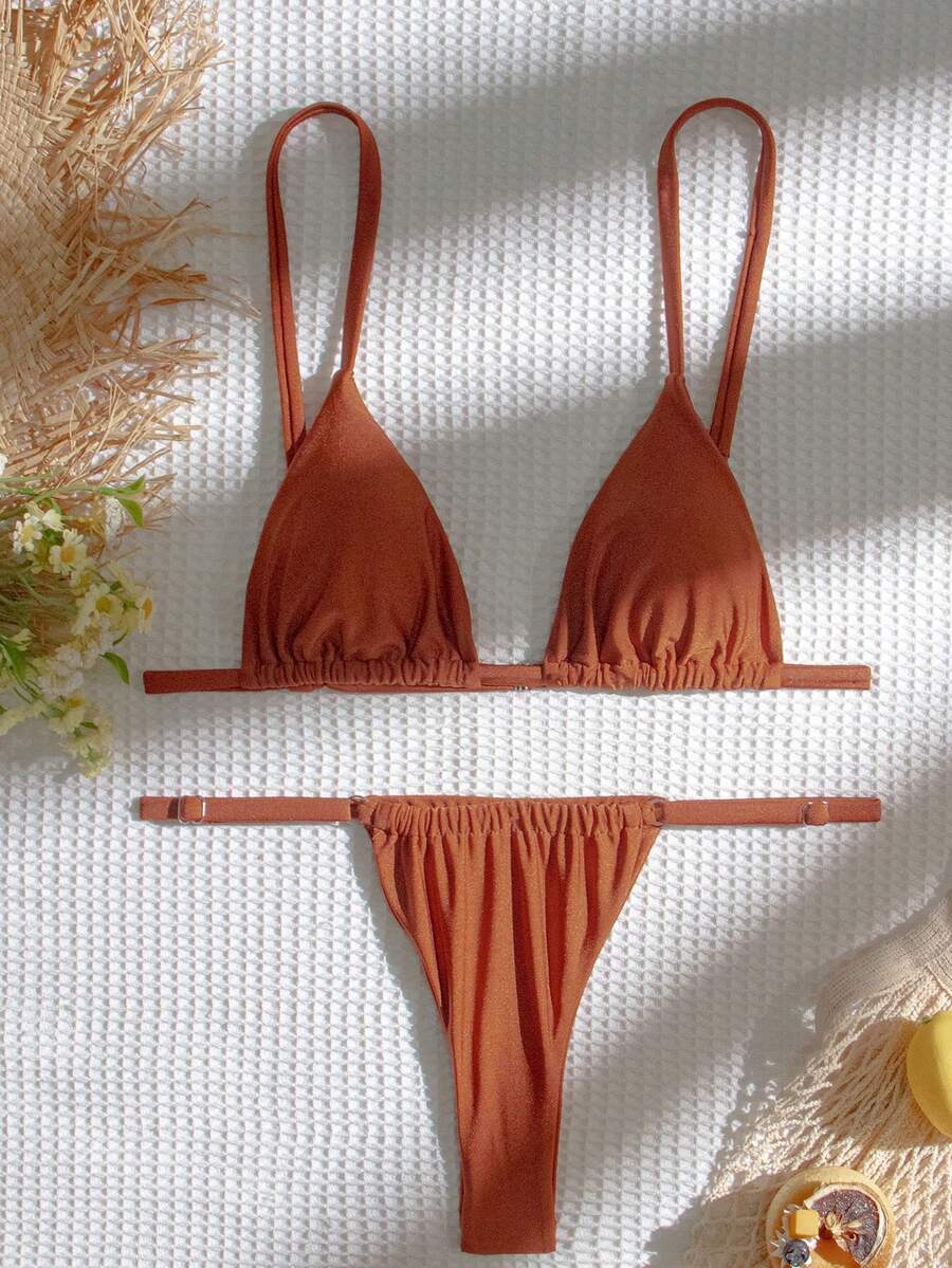 Solid Color Bikini Set For Bra & Thong Swim Bottom Bathing Suit For ...