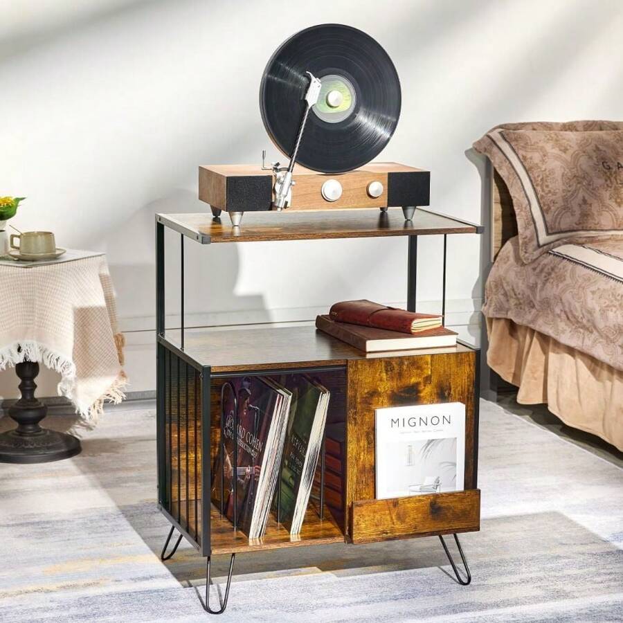 Vinyl Record Storage Cabinet With Metal Frame And Sliding Door ...