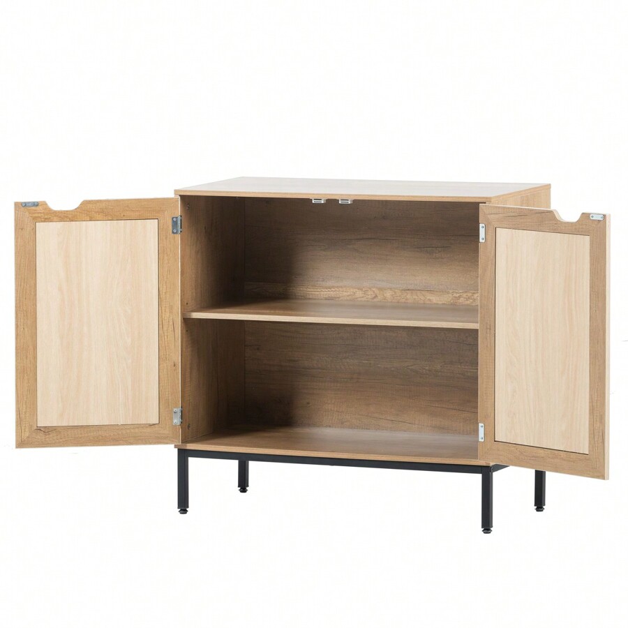 Rustic Accent Storage Cabinet With 2 Rattan Doors, Mid Century Natural ...