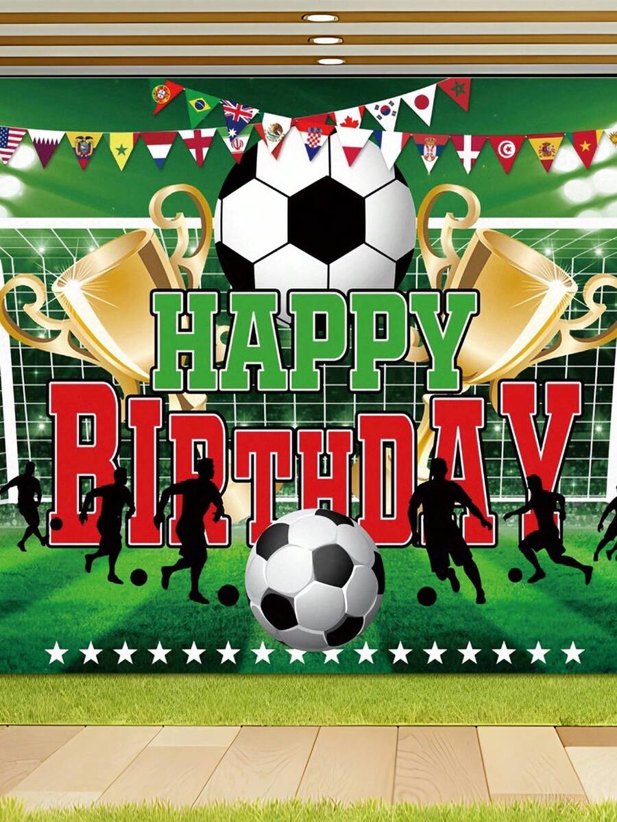 1pc Soccer Trophy Birthday Backdrop, Polyester Fiber Material Football ...