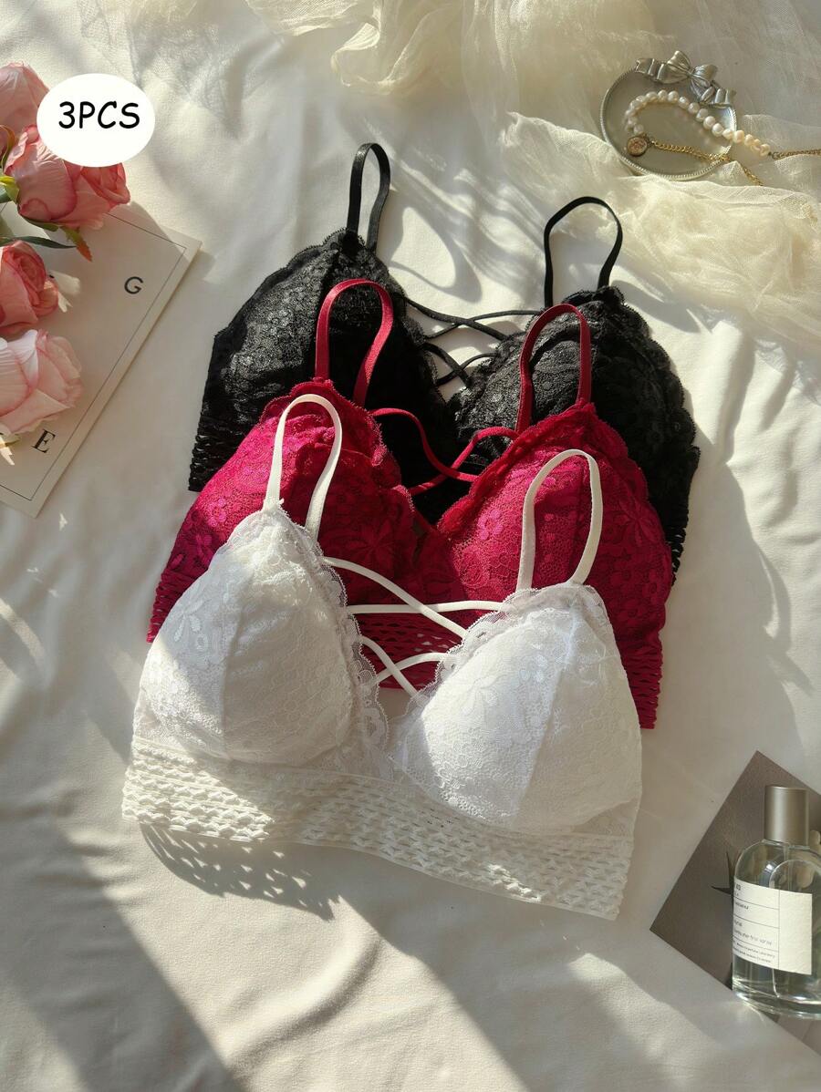 Women's 3pcs Cross Detail Lace Bra | SHEIN USA