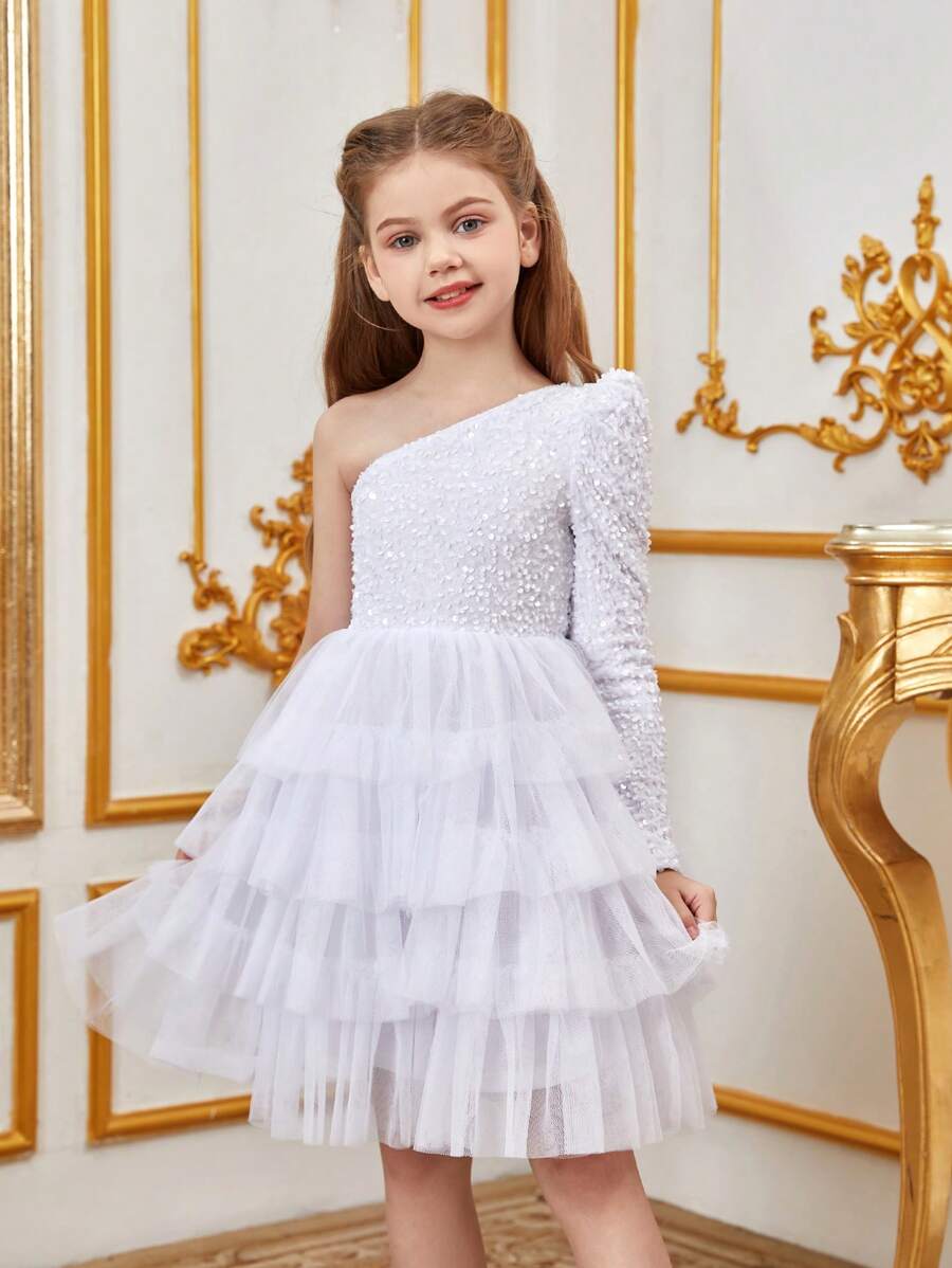 Tween Girl One-Shoulder Long Sleeve Layered Tulle Formal Dress | SHEIN USA