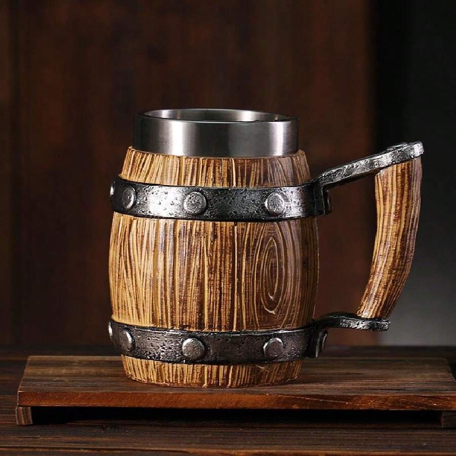 1pc 600ml Beer Mug Portable Wooden Barrel Style Beer Cup With Stainless ...