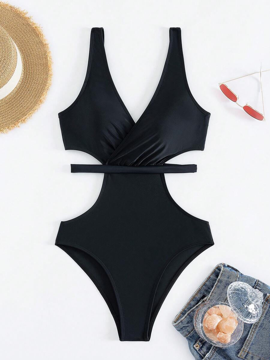 Women's One Piece Solid-Colored Swimsuit With Deep V-Neck Design, Great ...