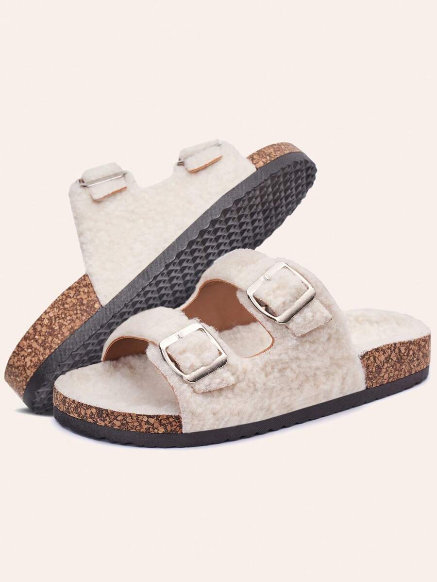 Women's Open Toe Slippers Fuzzy Cork Slide Sandals Fluffy Slides With ...
