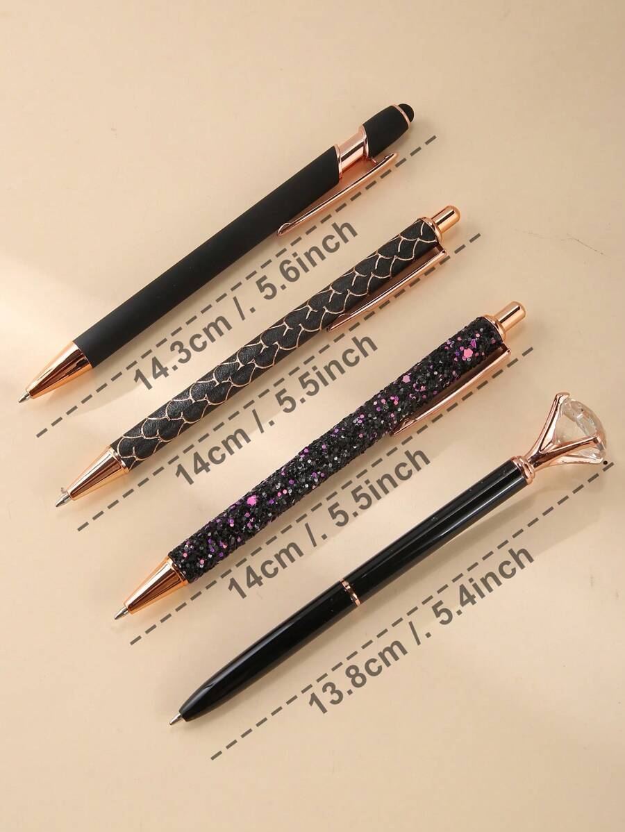 4pcs Black Ink Crystal Diamond Ballpoint Pens For News Writing, Cute ...