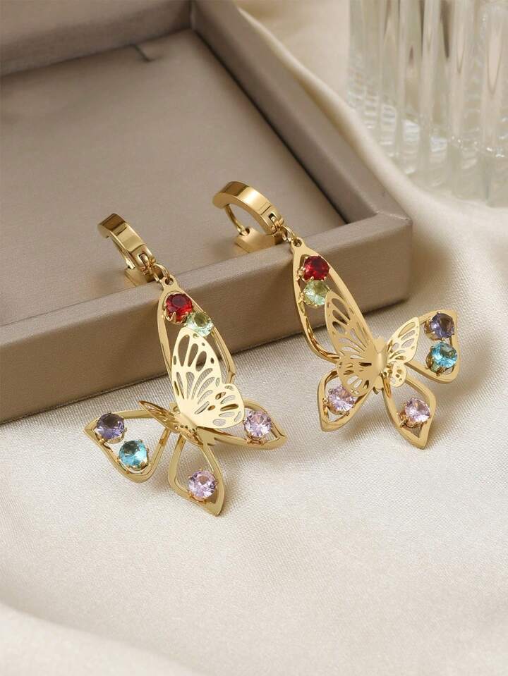 1 Pair Stainless Steel Butterfly Earrings With Colorful Cubic Zirconia For Women SHEIN USA