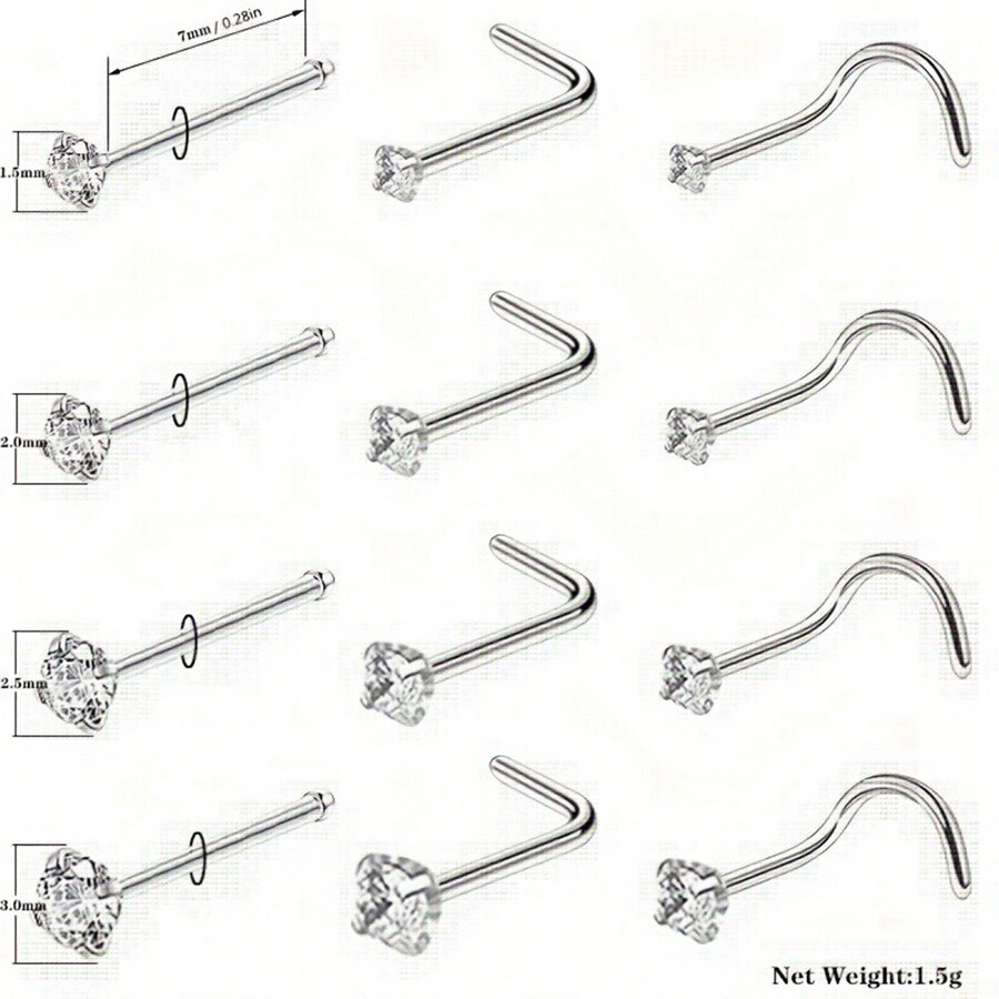 4pcs/Set Silver Straight Bar & Cubic Zirconia Nose Studs, Mini ...