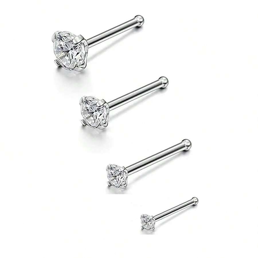 4pcs/Set Silver Straight Bar & Cubic Zirconia Nose Studs, Mini ...