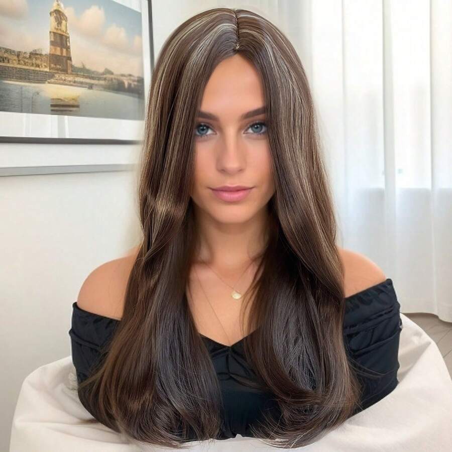 20-Inch Brown Mixed Gold Synthetic Wig Long Curly Hair With No Bangs In ...