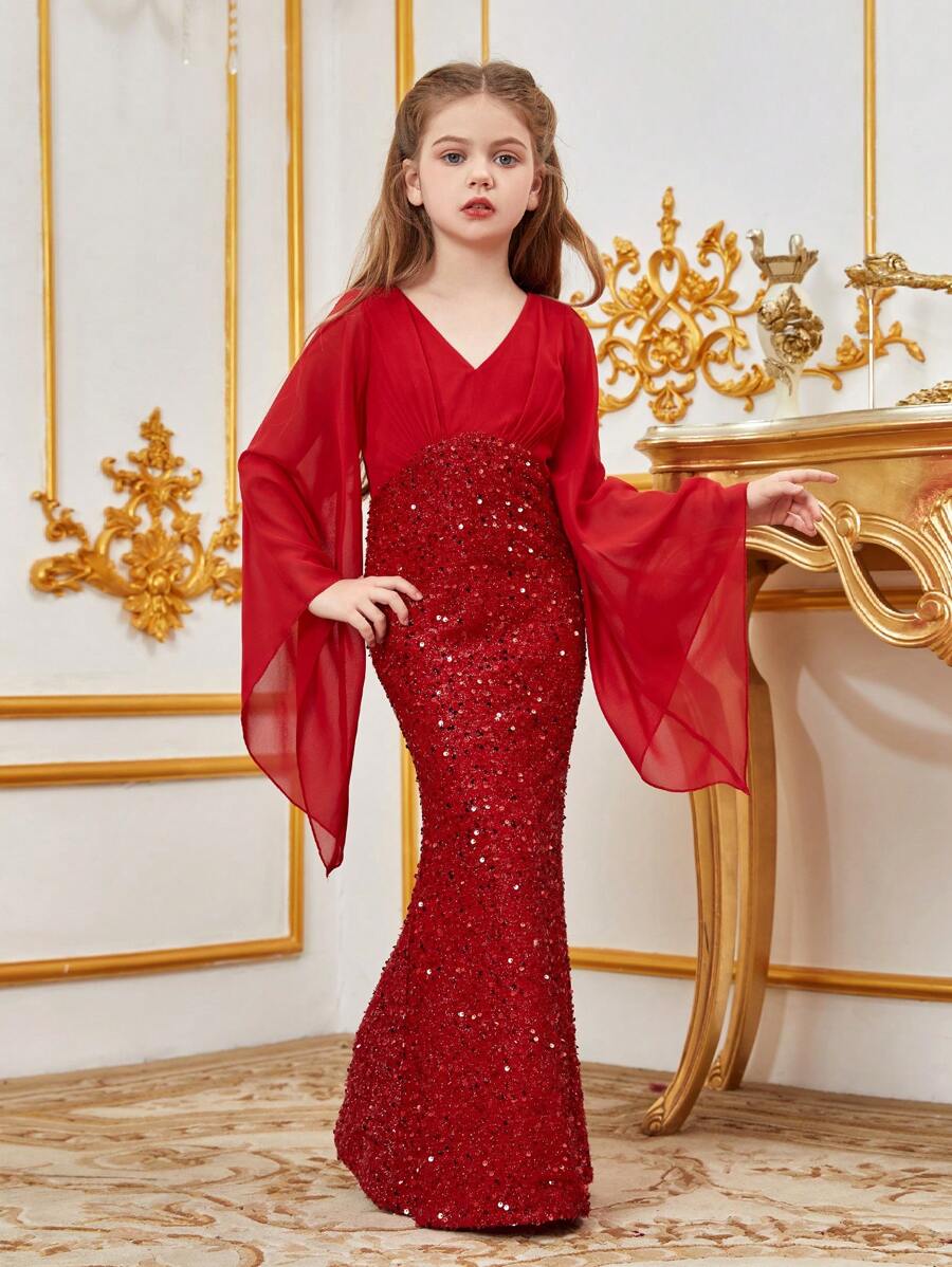 Tween Girl V-Neck Bell Sleeve Chiffon Glitter Prom Dress | SHEIN USA